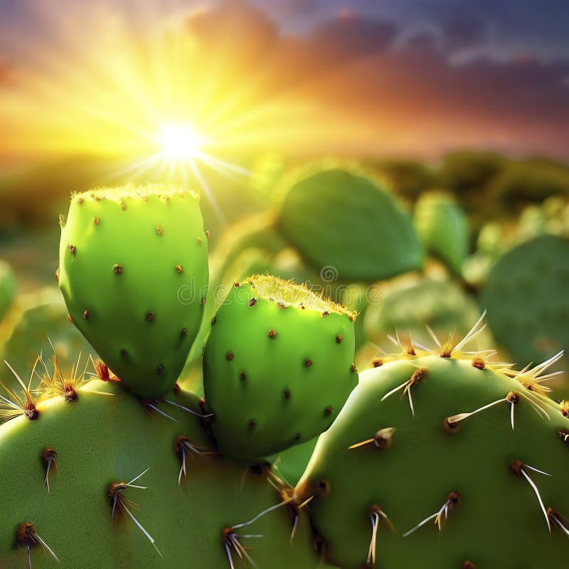 Texas Prickly Pear Cactus with Green Fruit with Sunset Background Stock ...