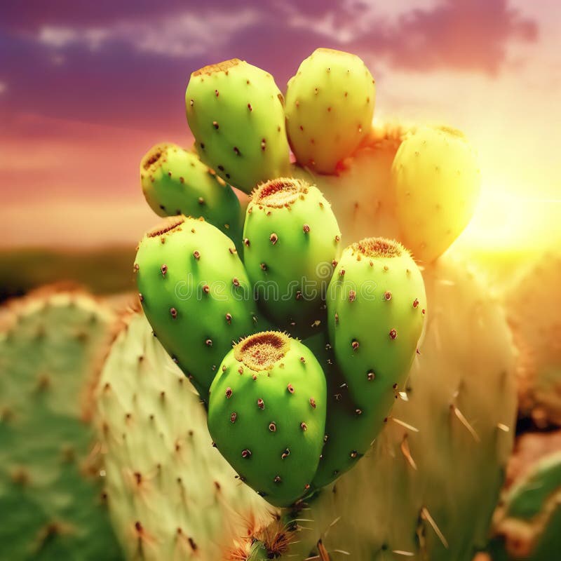 Texas Prickly Pear Cactus with Green Fruit with Sunset Background Stock ...