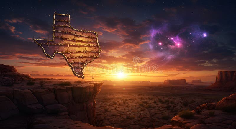 Texas Shaped Rock Formation Overlooking Desert Sunset with Nebula Sky ...