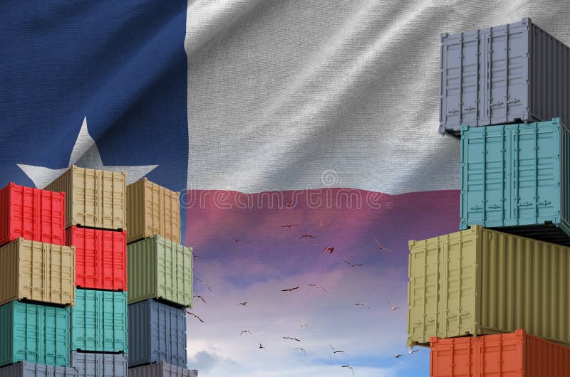 Texas US State Flag and Big Stack of Shipping Cargo Containers in Docks ...