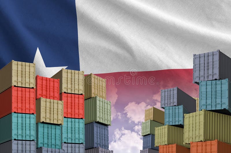 Texas US State Flag and Big Stack of Shipping Cargo Containers in Docks ...