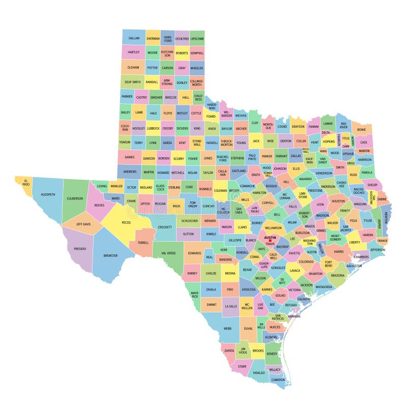 Texas, U.S. State, Subdivided into 254 Counties, Multi Colored Map ...