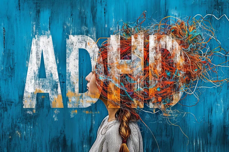Text ADHD Above Girl S Profile Covered with Multicolored Tangled ...