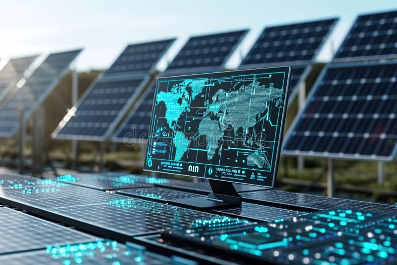 Text AI Displayed on Computer Control Panel Screen, Many Solar Panels ...