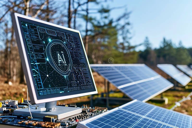 Text AI Displayed on Computer Control Panel Screen, Many Solar Panels ...
