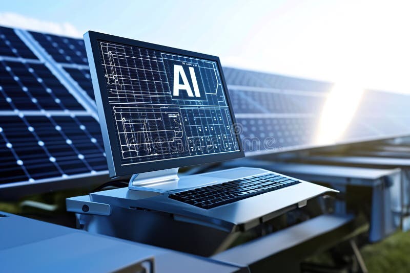 Text AI Displayed on Computer Control Panel Screen, Many Solar Panels ...