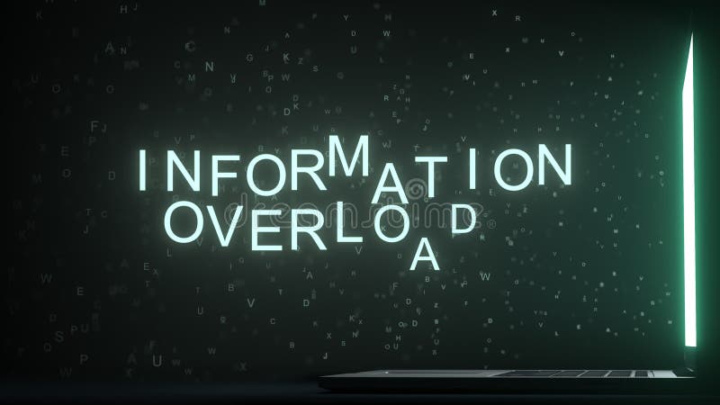 INFORMATION OVERLOAD Text Appearing Near Laptop Screen. Conceptual 3D ...