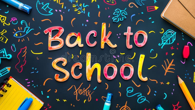 Text Back To School Written in Colorful Chalk on Black Board Stock ...