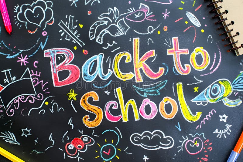 Text Back To School Written in Colorful Chalk on Black Board Stock ...