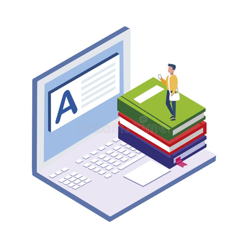 Text Book with Laptop and Mini People Stock Vector - Illustration of ...