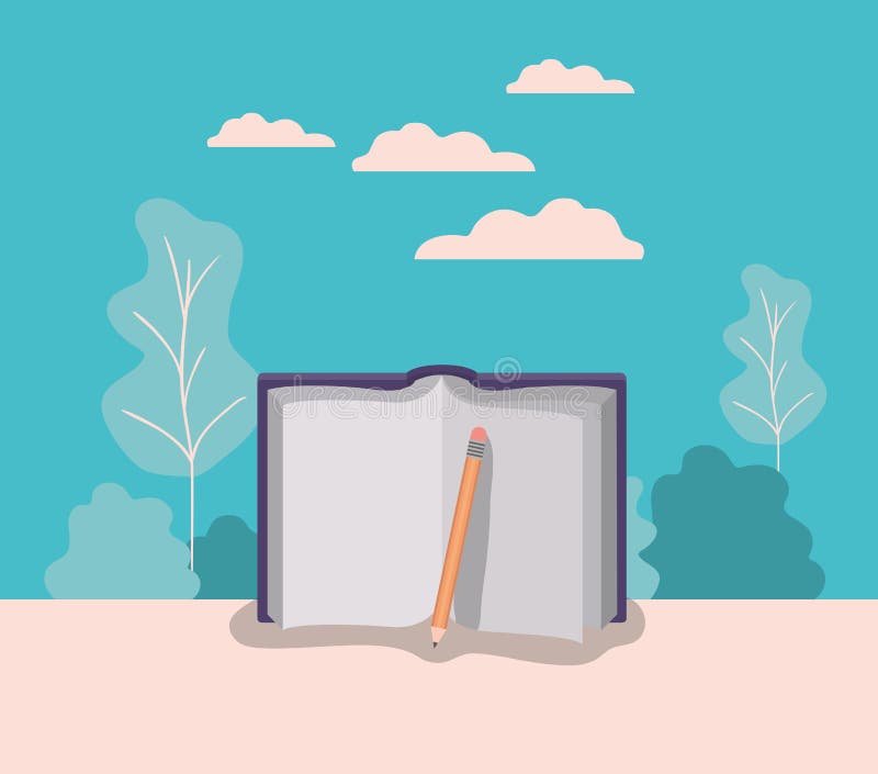Text Book and Pencil with Forest Landscape Stock Vector - Illustration ...