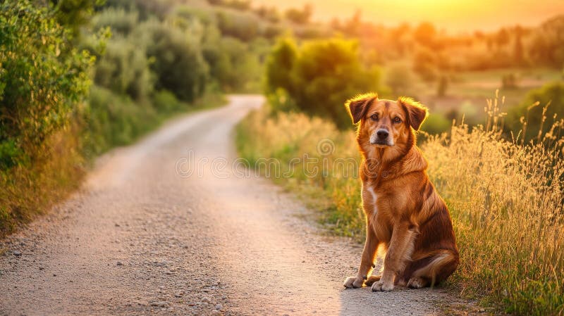 With a Text Box, a Big Working Dog Stands beside a Dusty Rural Road ...