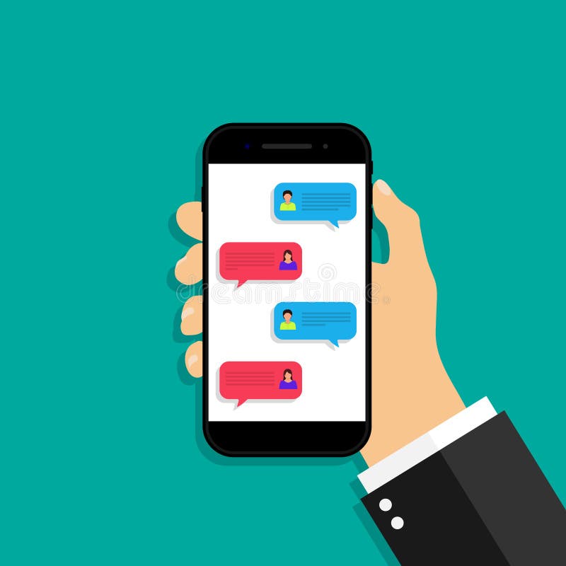 Text Chat in Mobile Phone. Bubble Message in Cellphone. Hand Holding ...