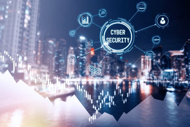 Text CYBER SECURITY, Icons, Cityscape on Background Stock Photo - Image ...