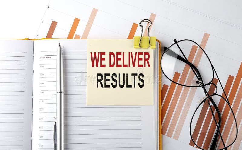 Text we DELIVER RESULTS on Sticker on the Notepad on Diagram Background ...