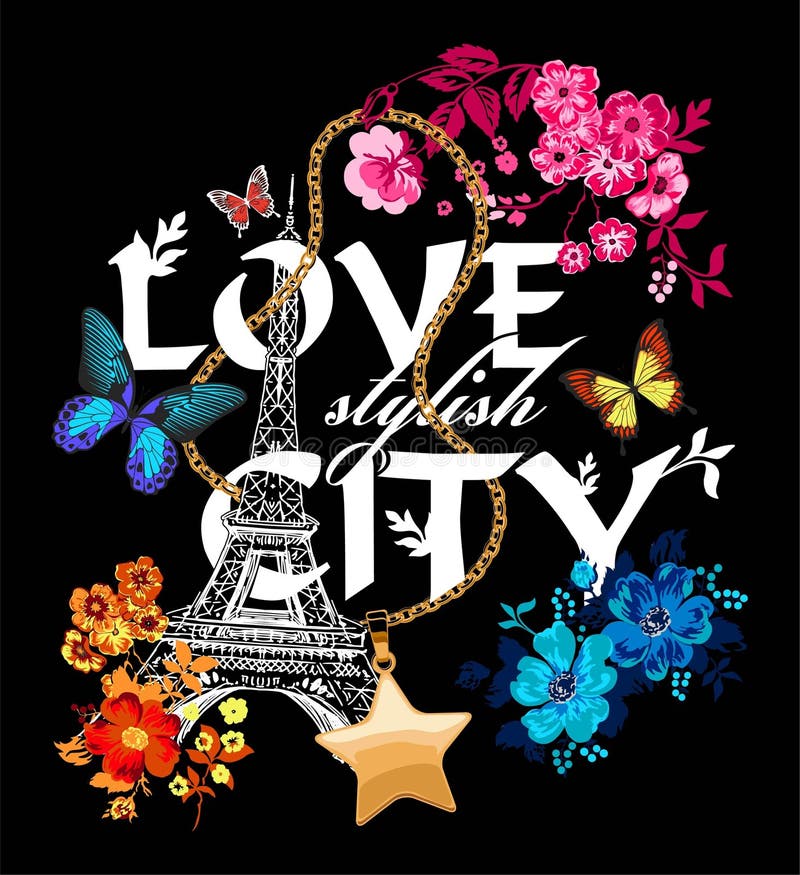 Text Design and Effect Pattern with Flower. Eiffel Tower with Chain ...