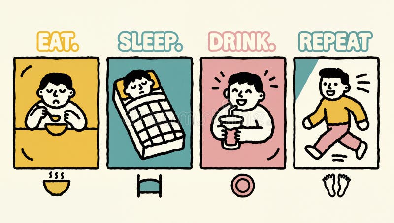 Colorful Cartoon Illustration with Four Panels, Each Depicting a daily Routine: EAT, SLEEP ...