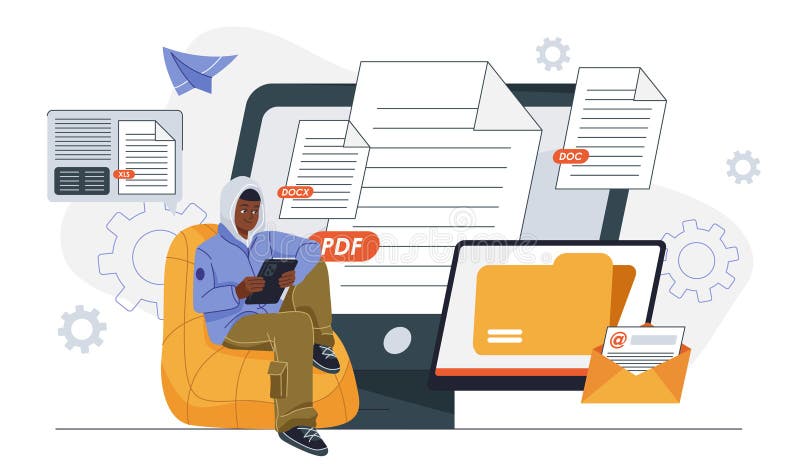 Text Files Formats. Man with Tablet in His Hands Sits Near Computer with Electronic Text ...