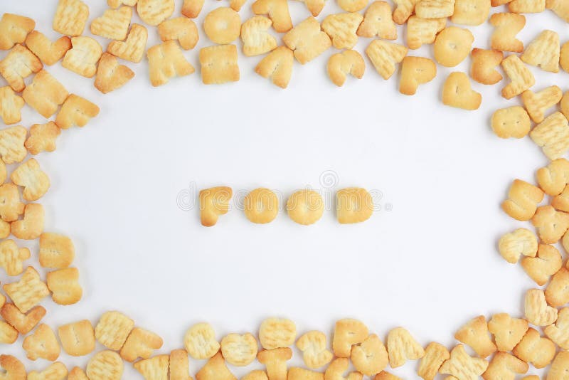 Text `FOOD` at Center and Around from English Alphabet Cracker on White ...