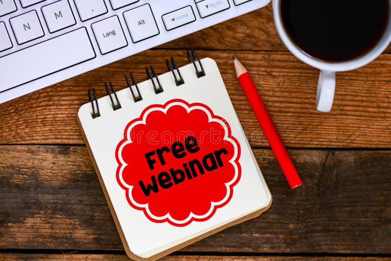 Text FREE WEBINAR on White Notepad Page. Table Desk Top View, Flat Lay ...