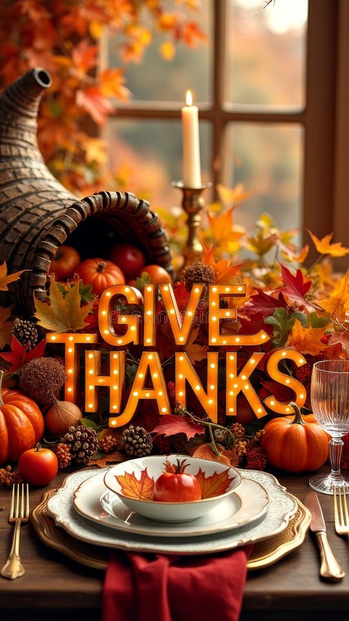 Text Give Thanks with Fall Leaves and a Cornucopia Stock Image - Image ...