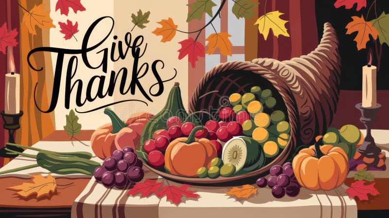 Text Give Thanks with Fall Leaves and a Cornucopia Stock Photo - Image ...