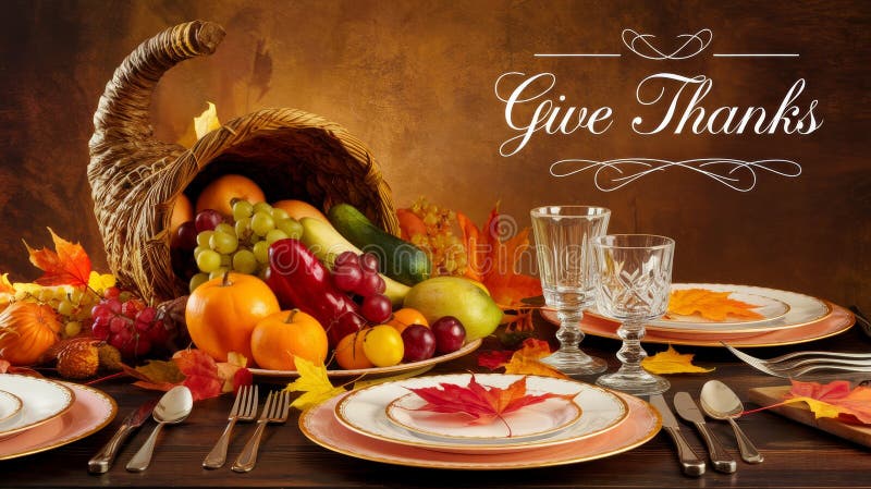 Text Give Thanks with Fall Leaves and a Cornucopia Stock Photo - Image ...