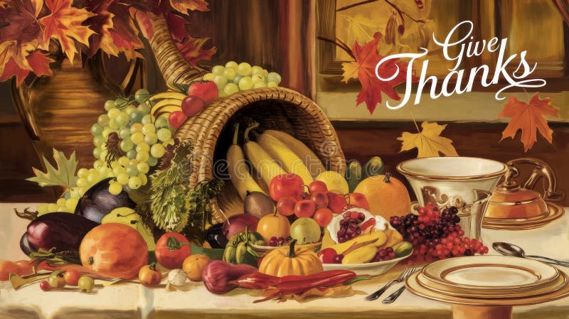 Text Give Thanks with Fall Leaves and a Cornucopia Stock Image - Image ...