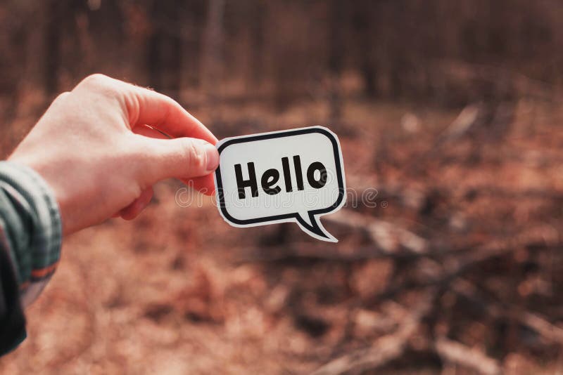 Text in the Hand of a Man with the Inscription Hello Stock Image ...