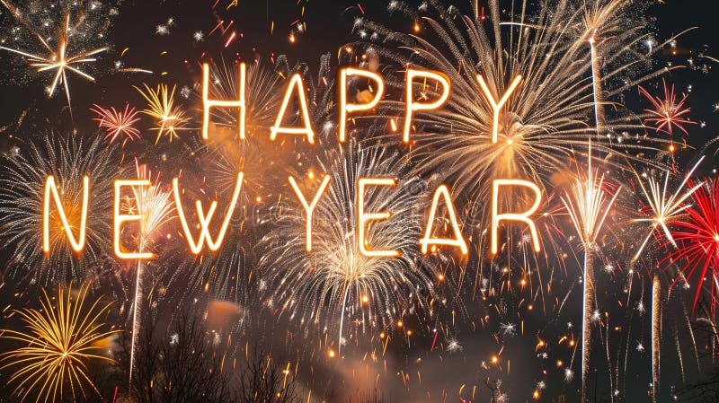Text: Happy New Year in the Middle of Fireworks Stock Illustration ...