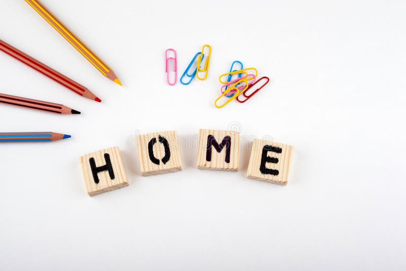 Text: Home from Wooden Letterson on White Office Desk Stock Photo ...