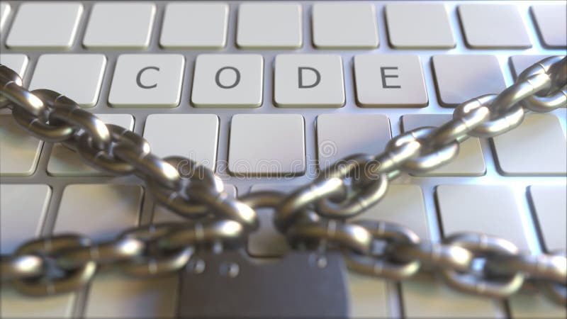 Padlock and Chains on the Keyboard with CODE Text. Conceptual 3D ...