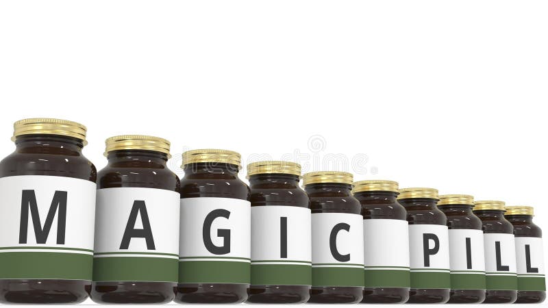 MAGIC PILL Text on the Labels of Medical Bottles. 3d Rendering Stock ...