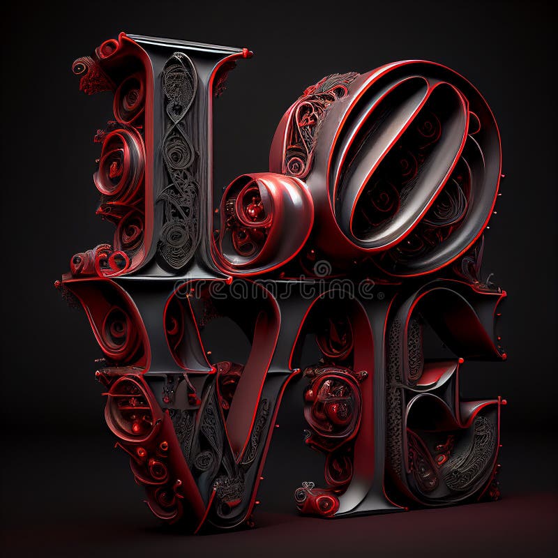 Text Love from Voluminous 3D Letters Red on a Black Background with ...