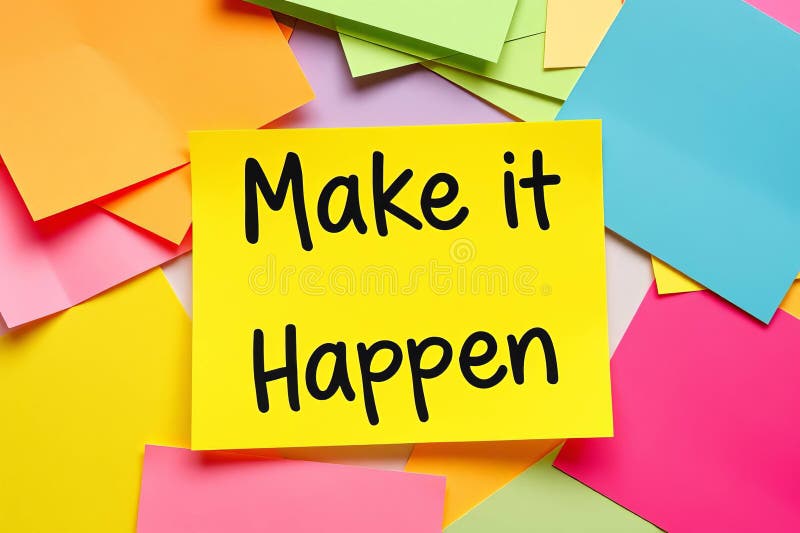 Text Make it Happen on Yellow Sticky Note with Colorful Notes Stock ...