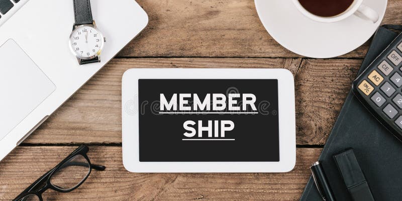 Text Membership on Screen of Table Computer at Office Desk Stock Photo ...