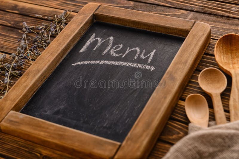 Text MENU Written with Chalk on Board, Closeup Stock Photo - Image of ...