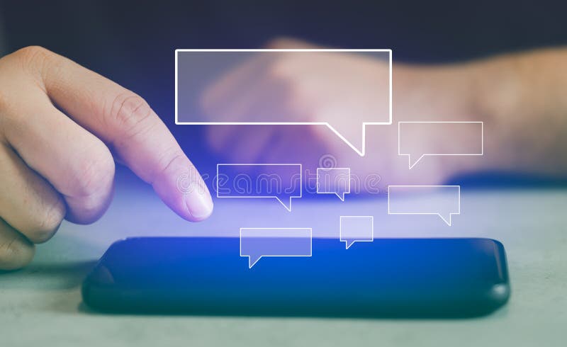 Text Messages in Cellphone Screen with Abstract Hologram Speech Bubbles ...
