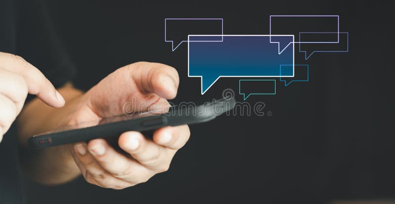 Text Messages in Cellphone Screen with Abstract Hologram Speech Bubbles ...