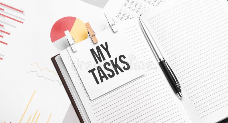 Text MY TASKS on Stickers on the Diary with Office Tools Stock Photo ...