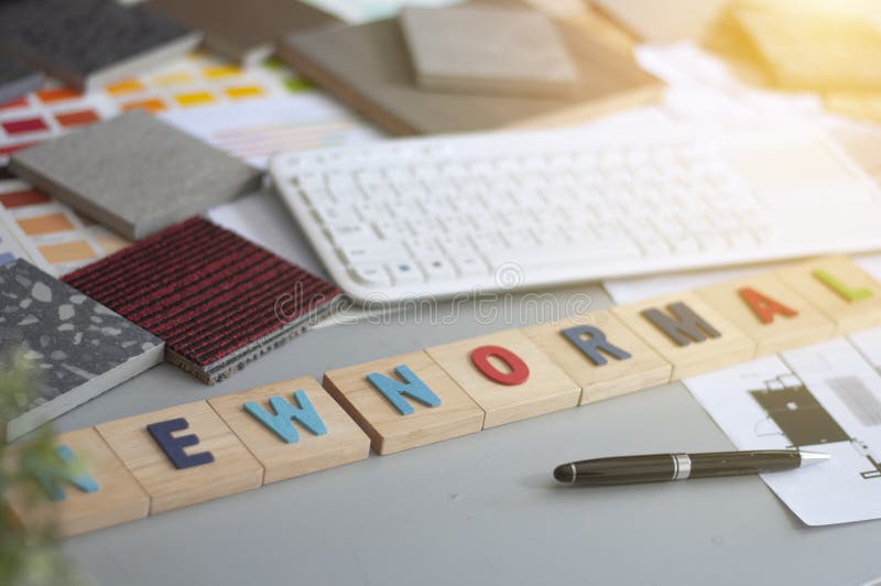 Text New Normal and Materials Construction on Interior Design Table ...