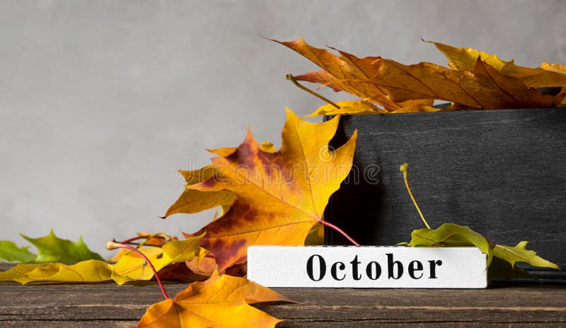 Text October and Bright Maple Orange Leaves Stock Photo - Image of ...