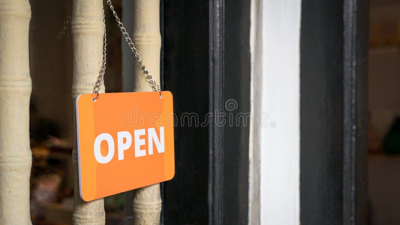 Text, Open on an Orange Sign Outside of a Store Stock Photo - Image of ...