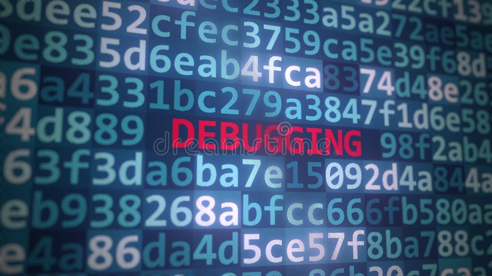 Code and DEBUGGING Text on the Computer Display. 3D Rendering Stock ...