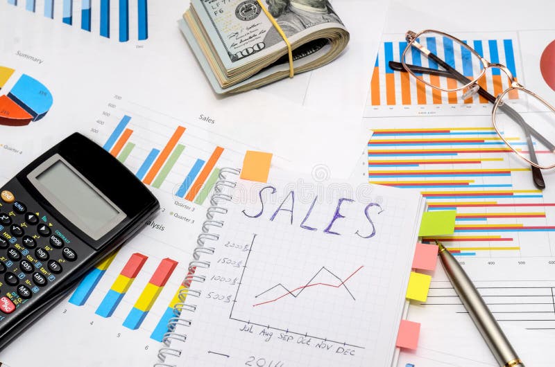 Text Sales at Notebook with Analytic Graphs and Charts Stock Image ...