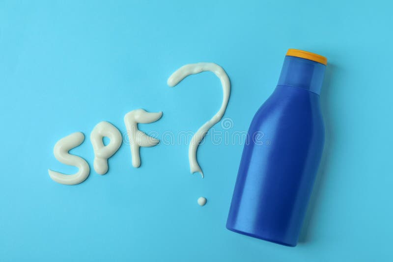 Text SPF? and Sunscreen on Blue Background Stock Photo - Image of ...