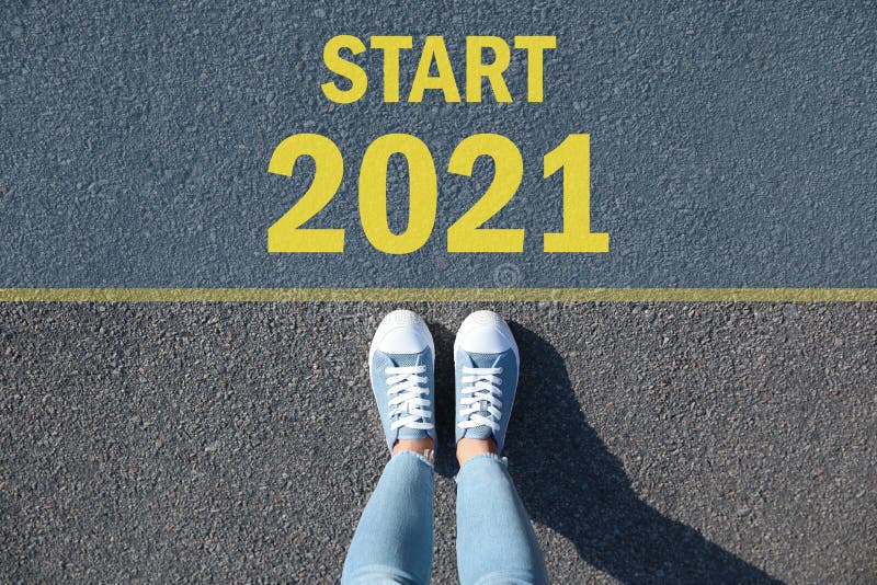 Text Start 2021 on Asphalt in Front of Woman, Top View Stock Image ...