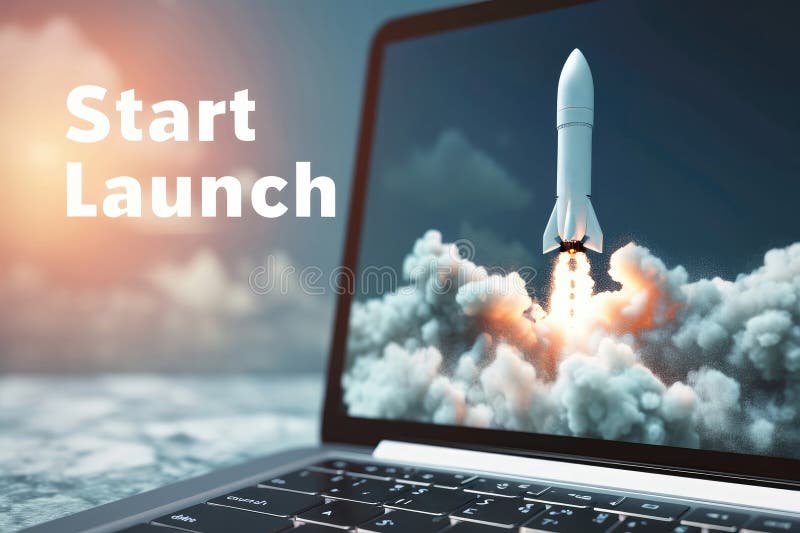 Text Start Launch Laptop Screen into a Launching Pad for a Rocket Stock ...