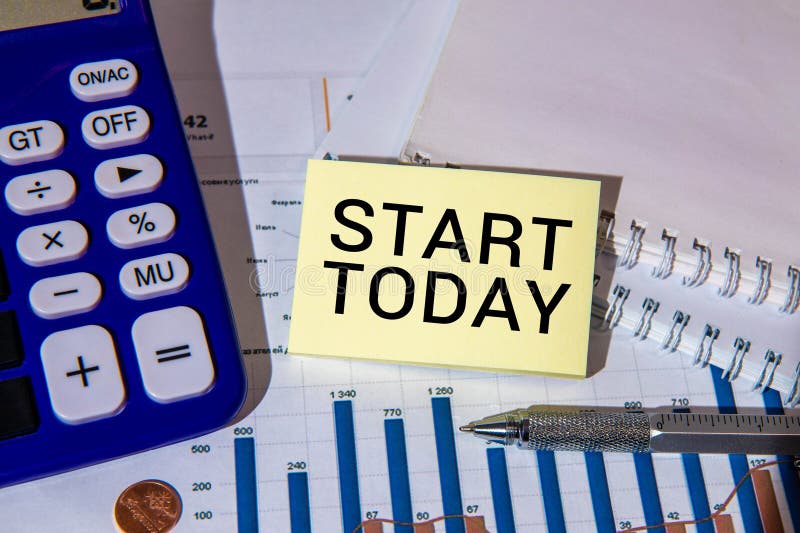 Text Start Today Paper Card Calculator Wooden Background Stock Photos ...
