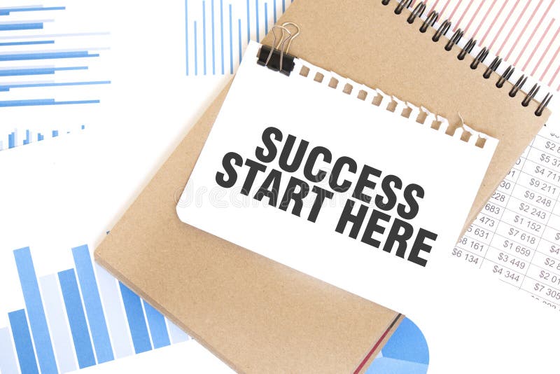 Text SUCCESS START HERE on White Paper Sheet and Brown Paper Notepad on ...